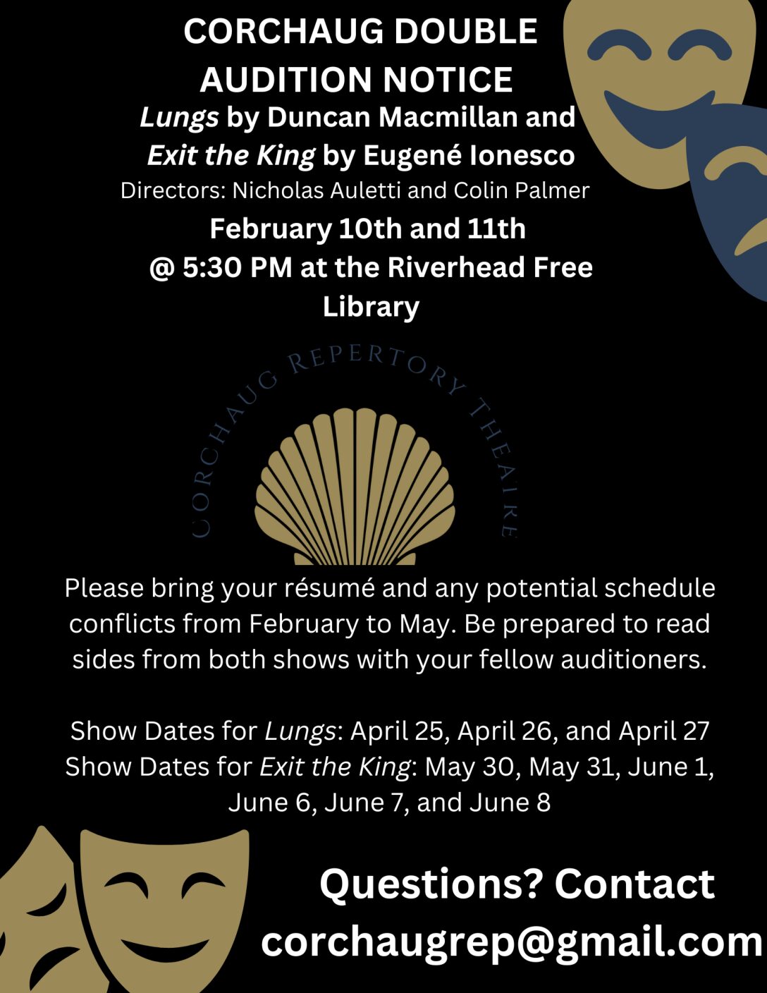 Auditions for Corchaug Repertory Theatre: Lungs and Exit the King ...