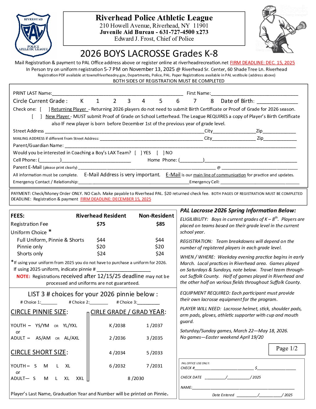 Riverhead PAL 2026 Spring Lacrosse for boys & girls in grades K-8 ...